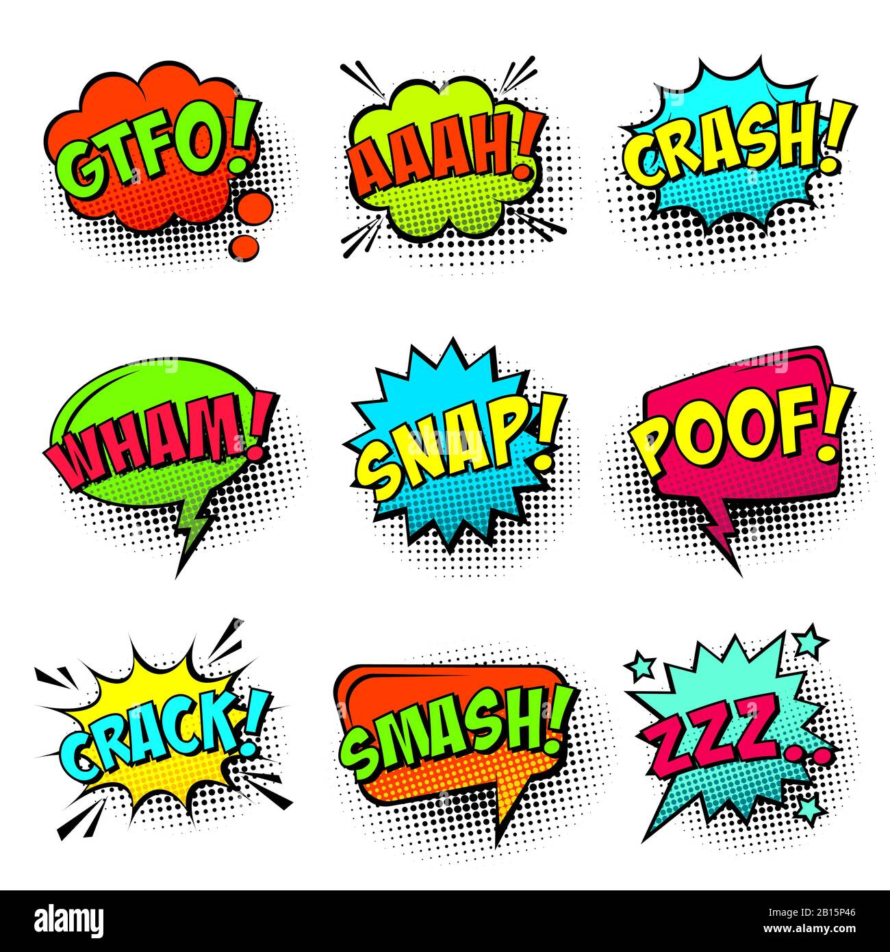 Comic colored speech bubbles with halftone shadow and text phrase ...