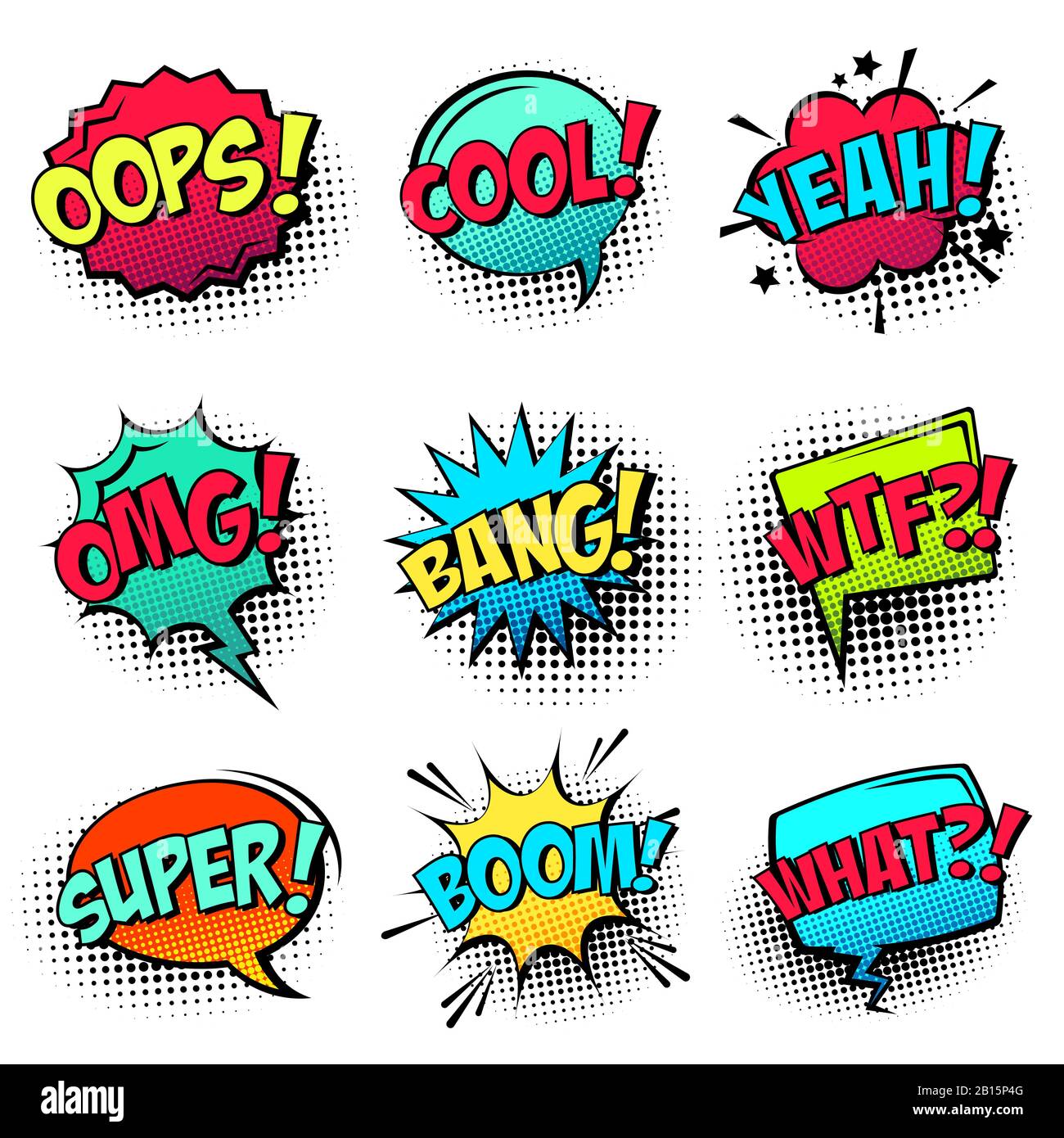 Comic colored speech bubbles with halftone shadow and text phrase ...