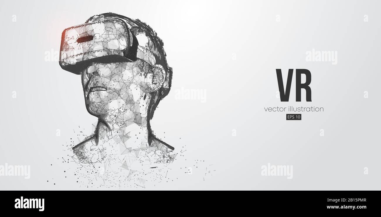 VR headset holographic low poly wireframe vector banner. Polygonal man ...