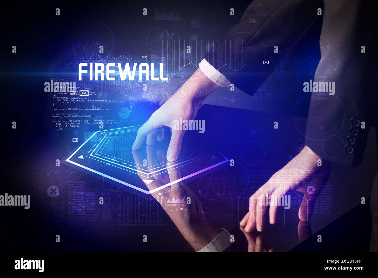 Hand touching digital table with FIREWALL inscription, new age security ...