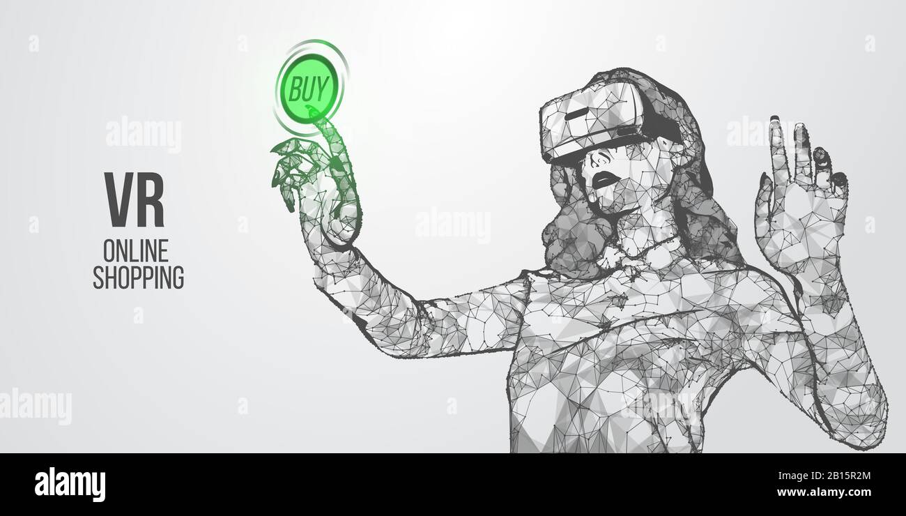 VR online shopping. Polygonal woman, girl wearing virtual reality ...