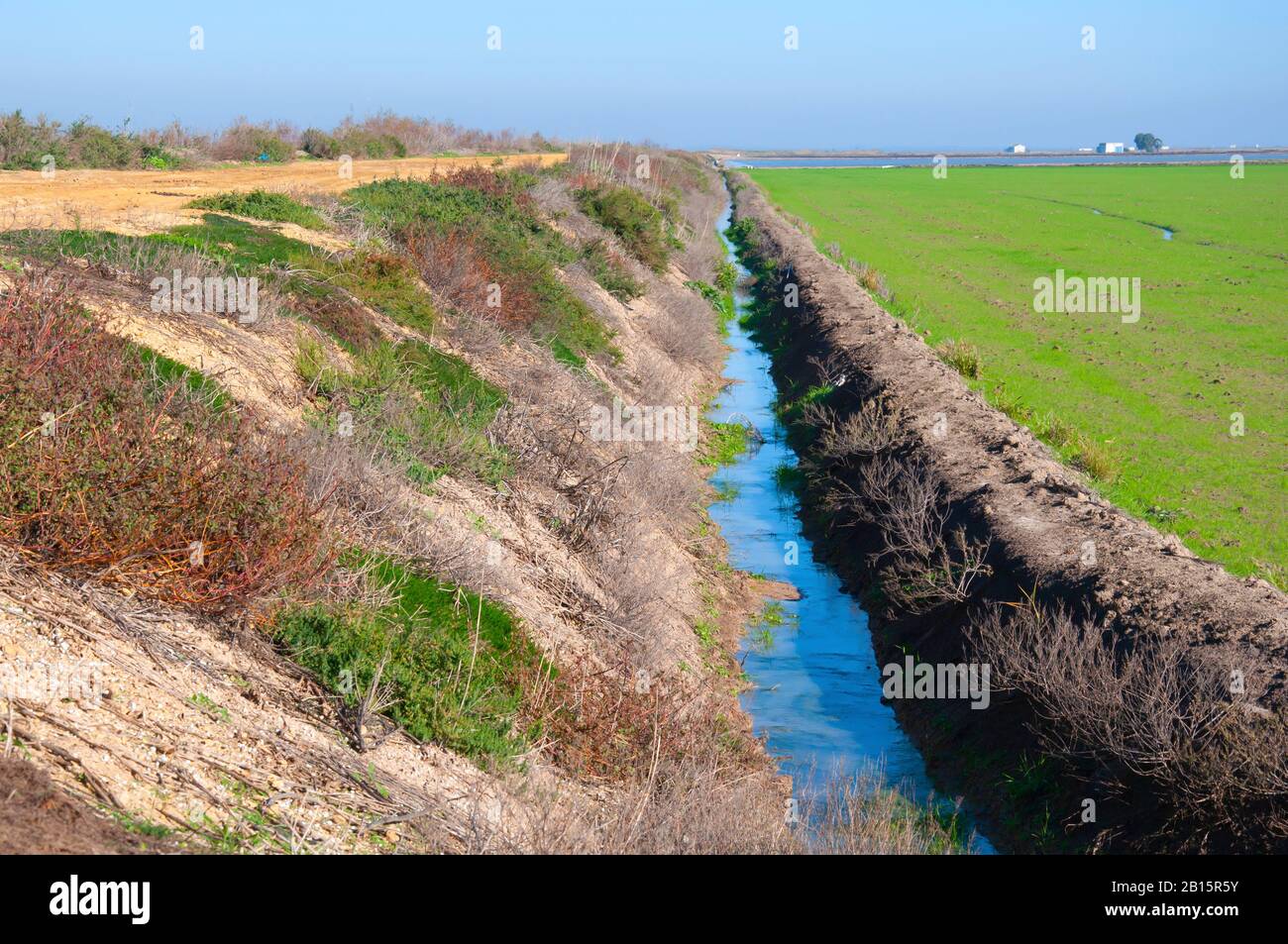 Small canal with water between road with dry grass and green field ...