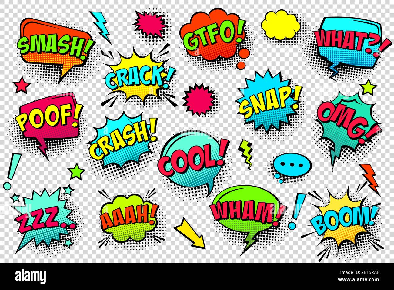 Comic colored speech bubbles with halftone shadow and text phrase ...