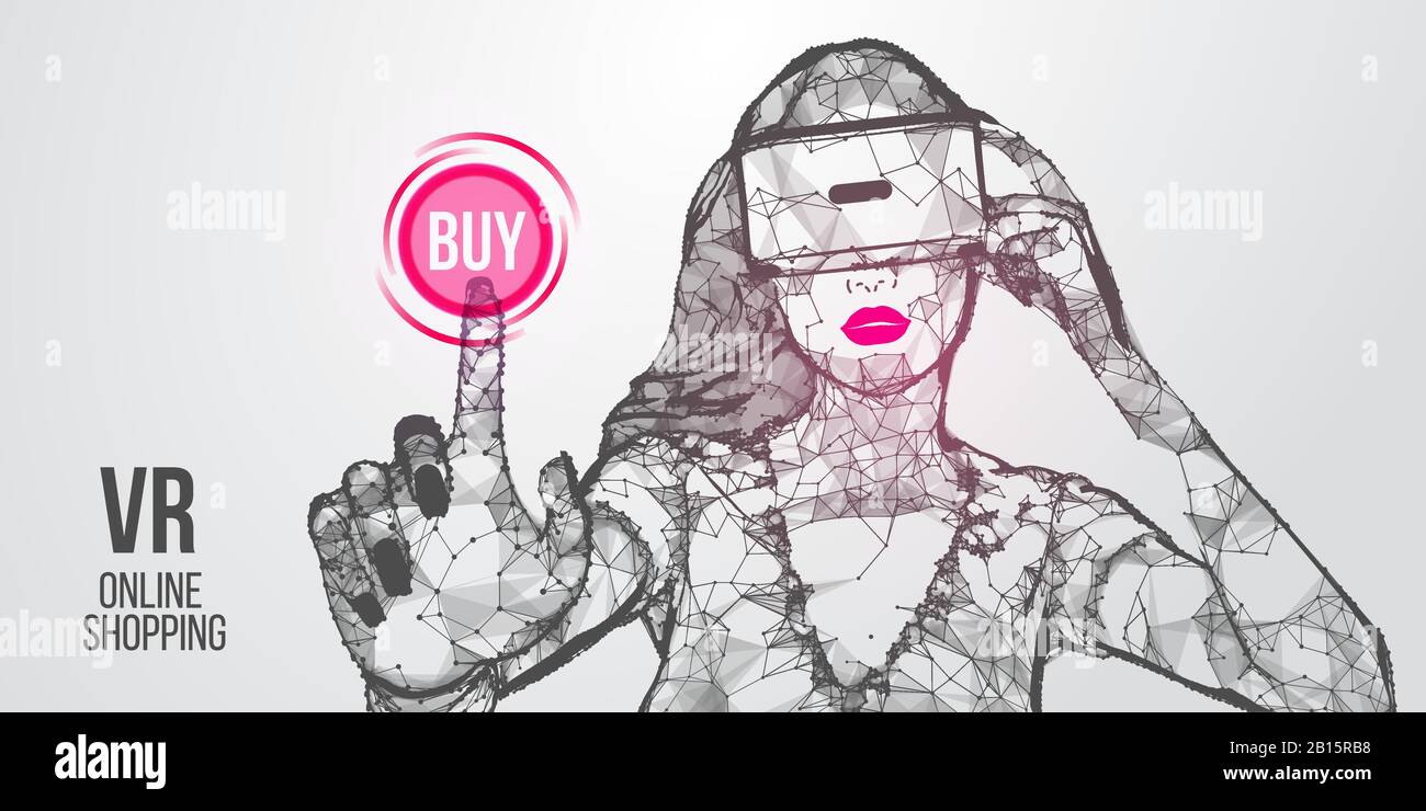 VR online shopping. Polygonal woman, girl wearing virtual reality ...