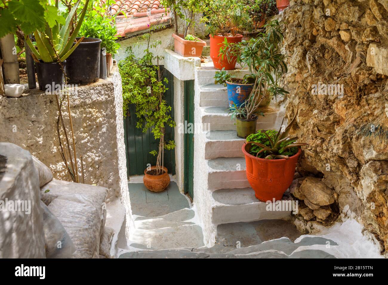 Old narrow street in Anafiotika, Plaka district, Athens, Greece. Plaka ...
