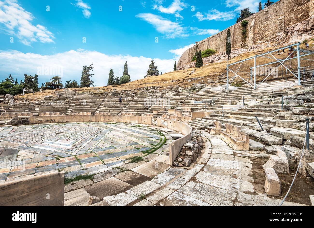 Ancient Greek ruins at the foot of Acropolis, Athens, Greece. Panorama ...