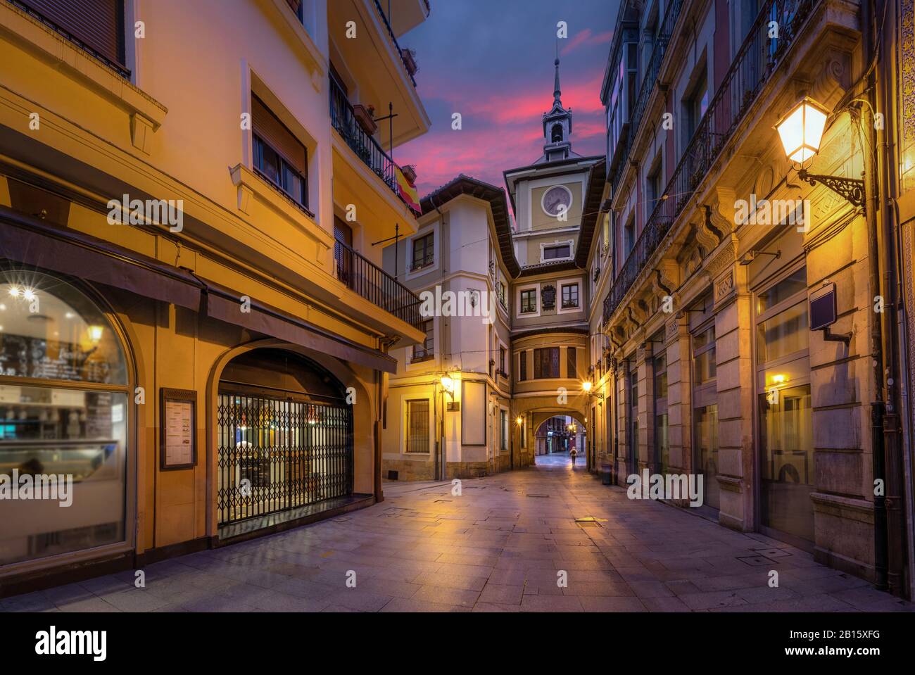 Oviedo, Spain. Clock Tower of Town Hall at dusk Stock Photo - Alamy