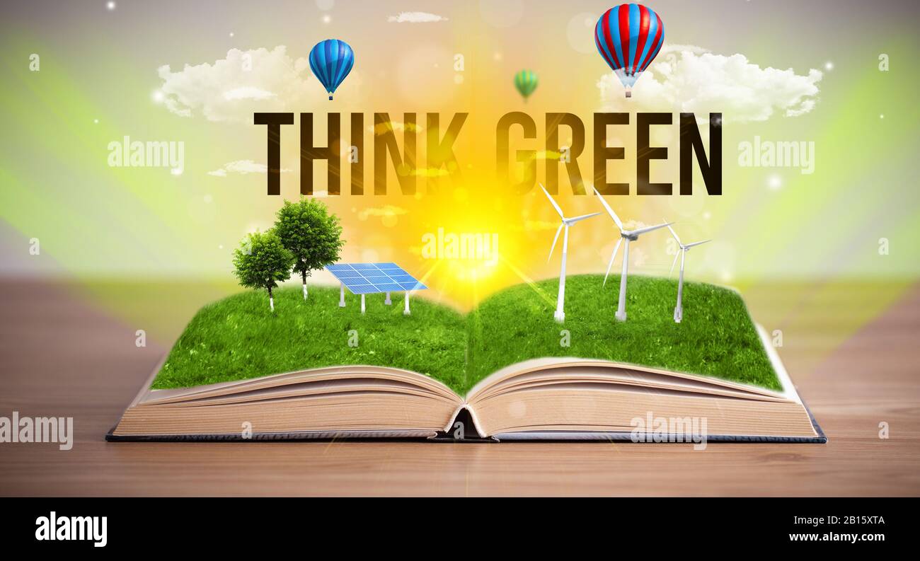 Open book with THINK GREEN inscription, renewable energy concept Stock ...
