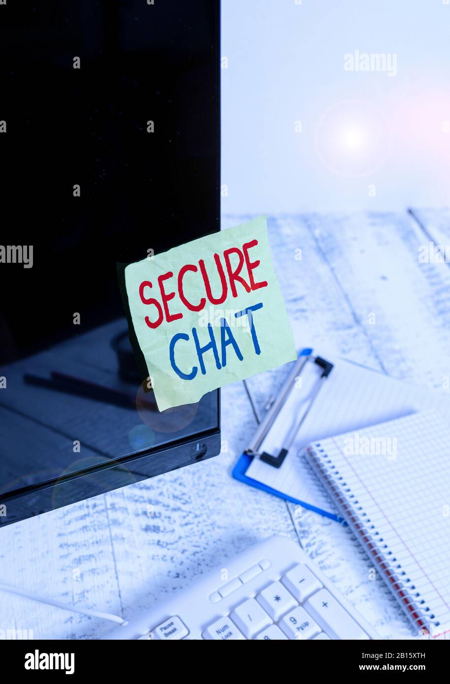 Writing note showing Secure Chat. Business concept for approach to protect messages when sent ...
