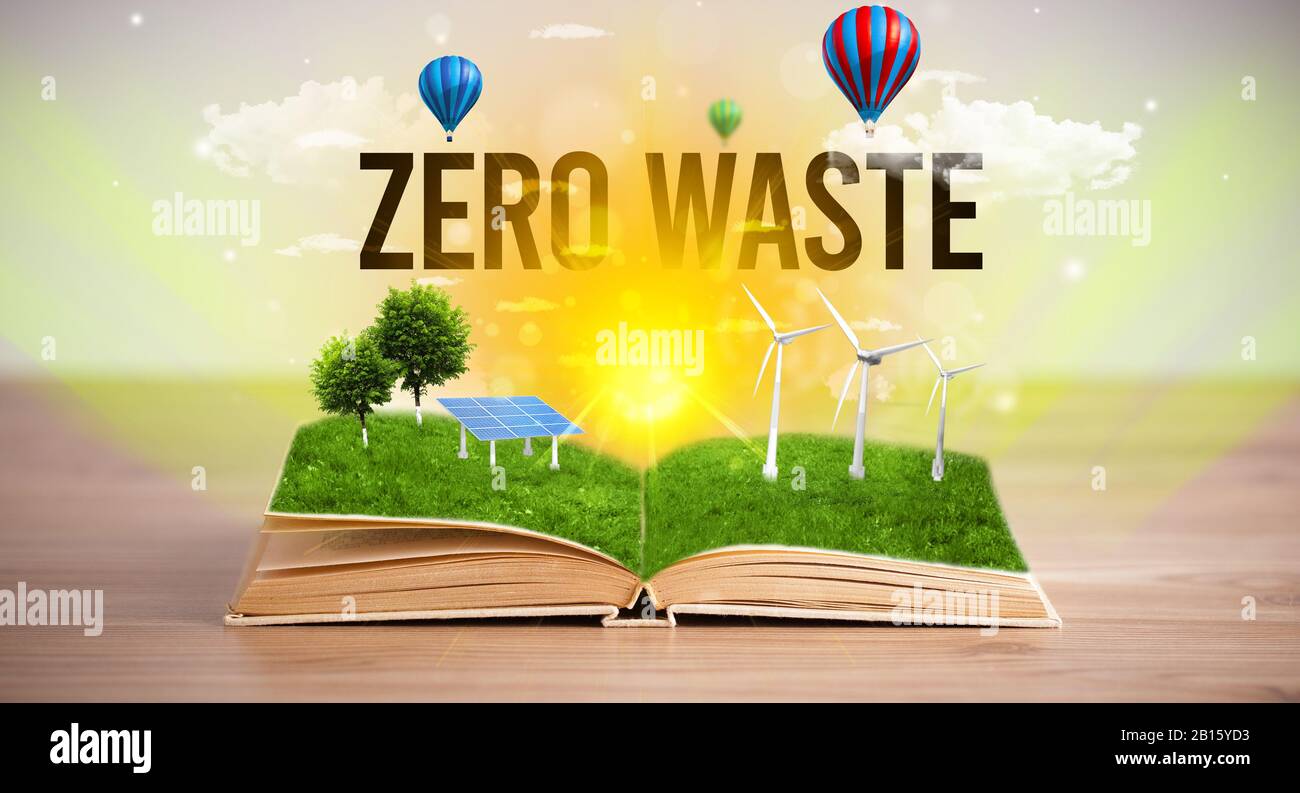 Open book with ZERO WASTE inscription, renewable energy concept Stock ...