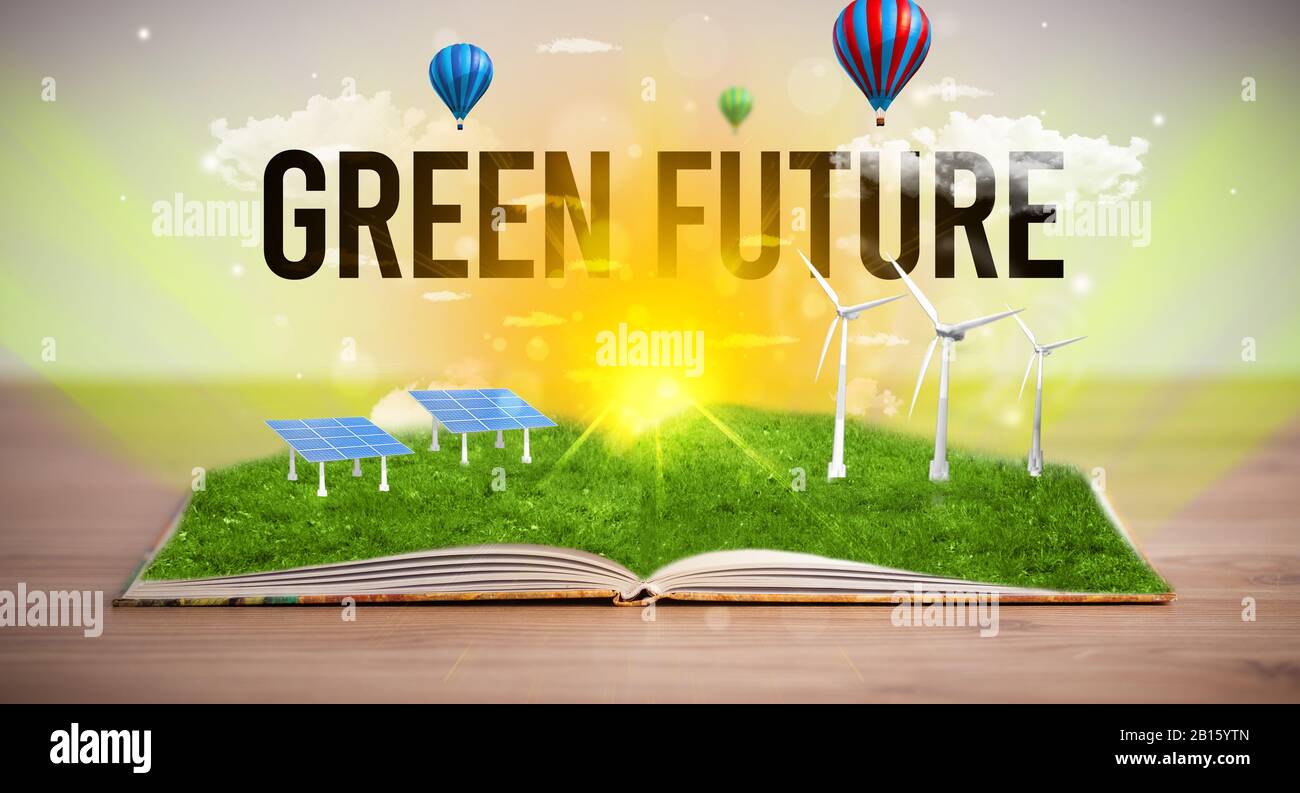 Open book with GREEN FUTURE inscription, renewable energy concept Stock ...
