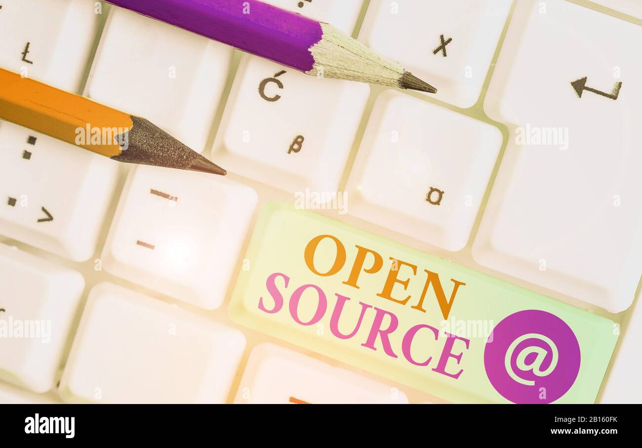 Text sign showing Open Source. Business photo showcasing denoting software which original source ...