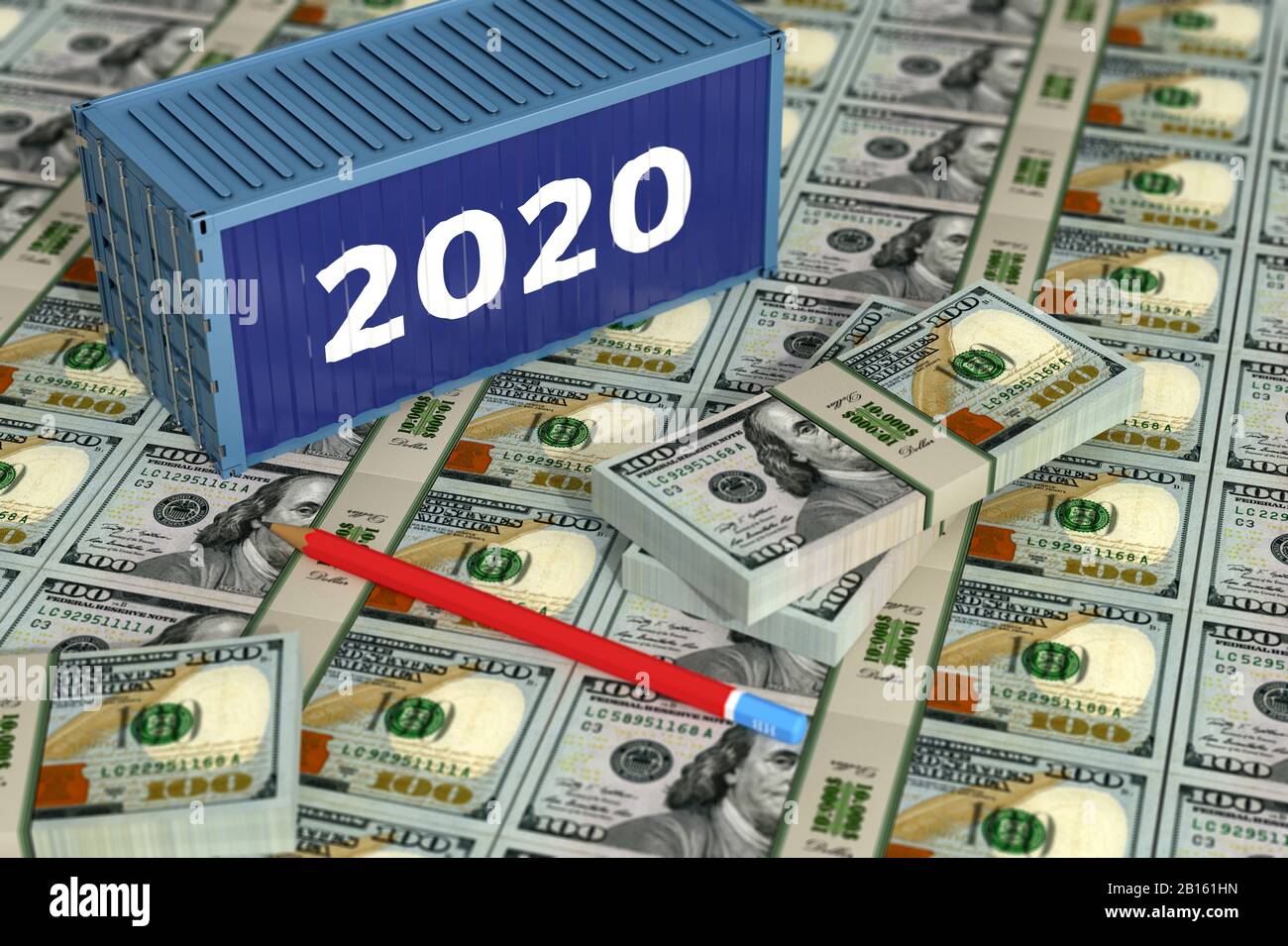 Toy shipping Container on 100 Dollar banknotes. 3D Rendering Stock ...