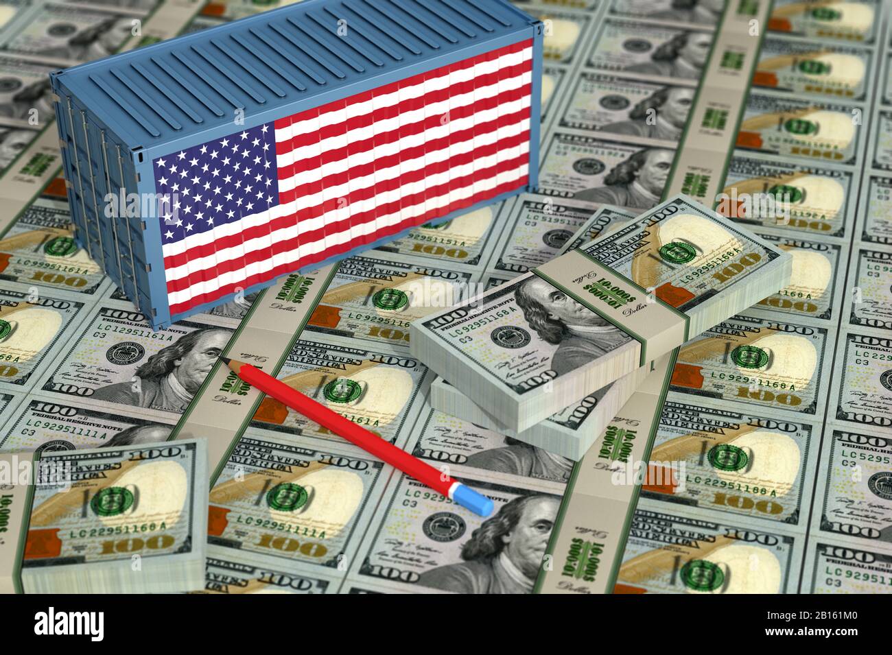 Toy shipping Container with USA flag on 100 Dollar banknotes. 3D ...