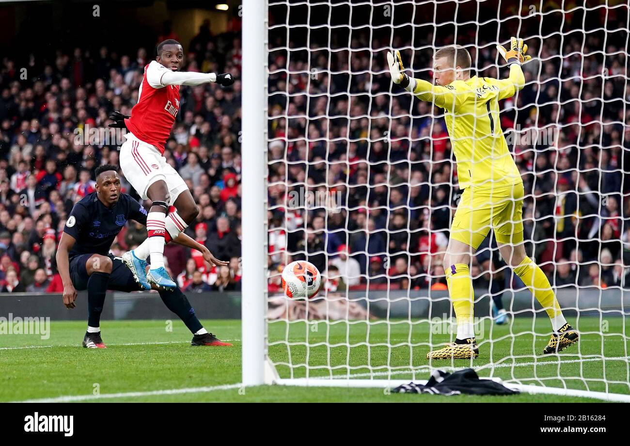 Arsenal's Eddie Nketiah scores his side's first goal of the game during ...