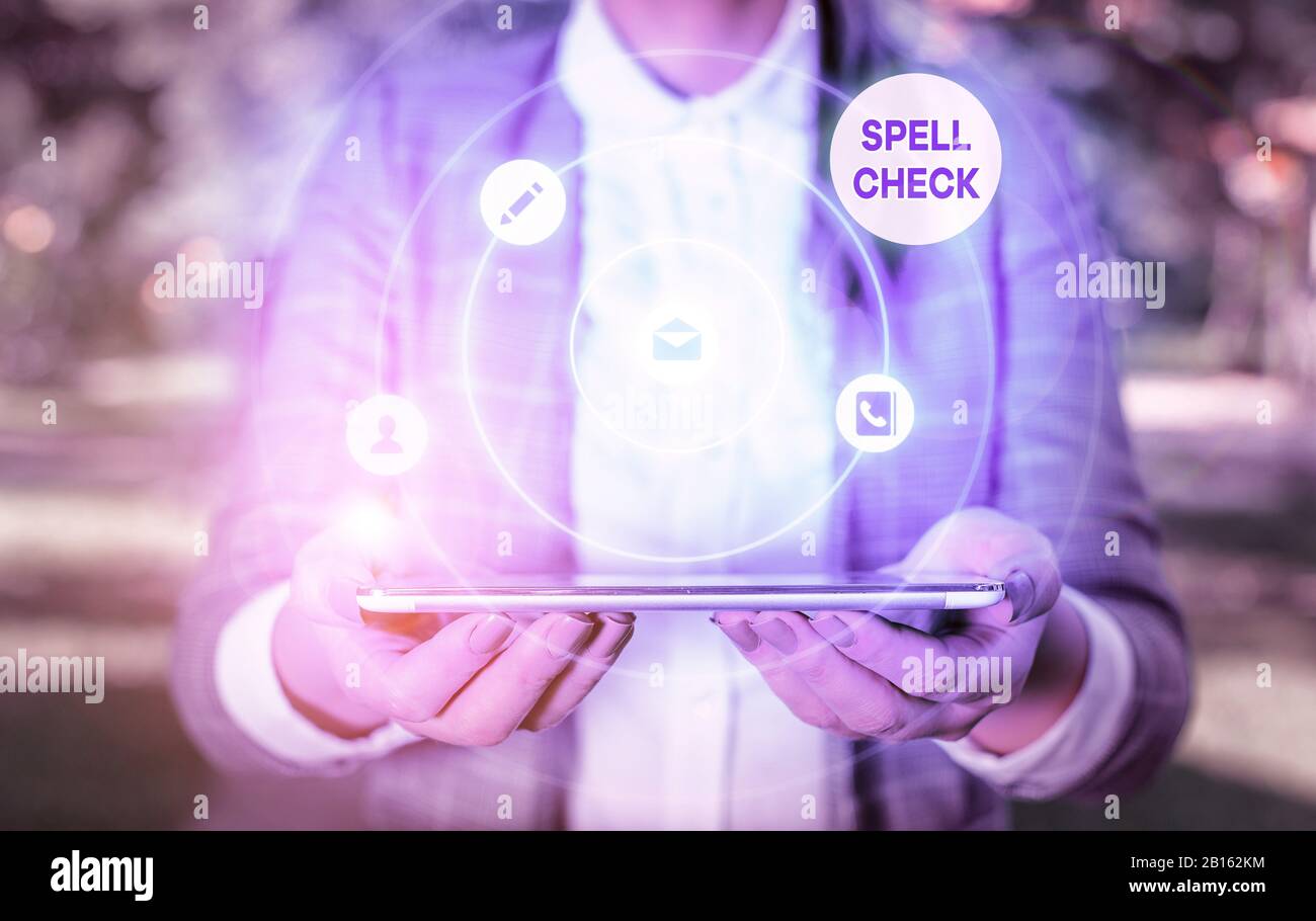 Writing note showing Spell Check. Business concept for to use a computer program to find and ...