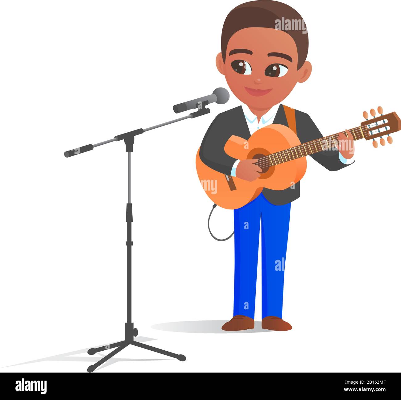 Young elegant male musician is standing with an acoustic guitar and ...
