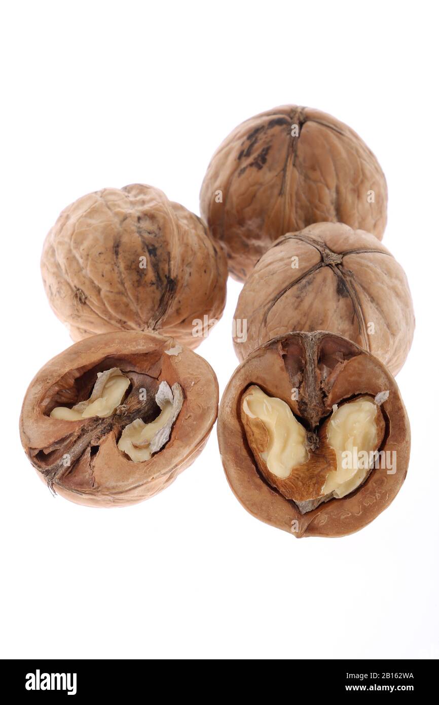 Whole and cracked walnuts isolated on white background Stock Photo - Alamy