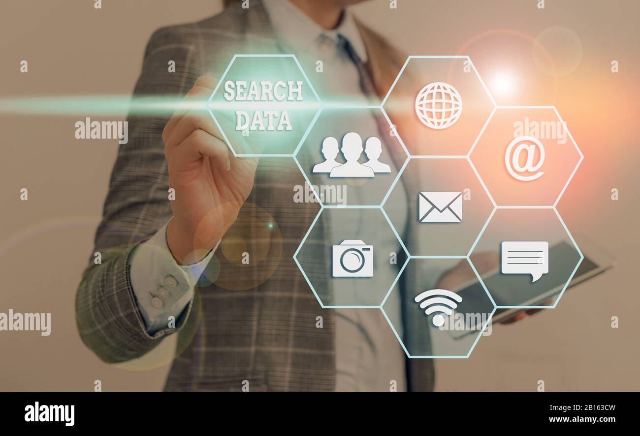 Conceptual hand writing showing Search Data. Concept meaning efficient retrieval of specific ...