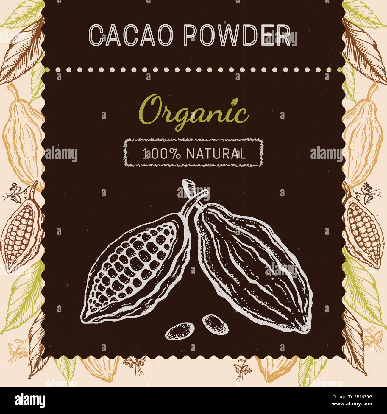 Cocoa packaging design template. Line style illustration. Cacao powder ...