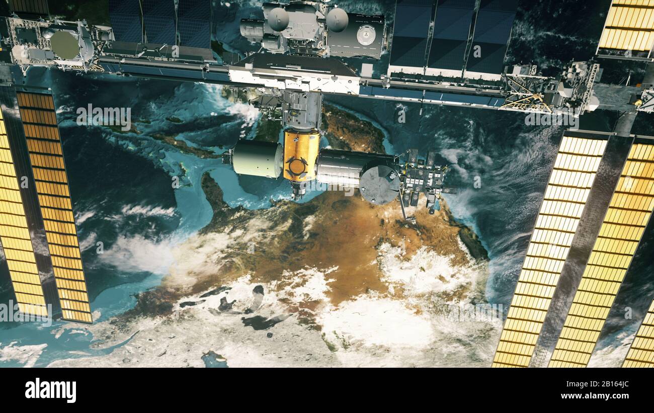 International Space Station with metal surface and yellow solar panels ...