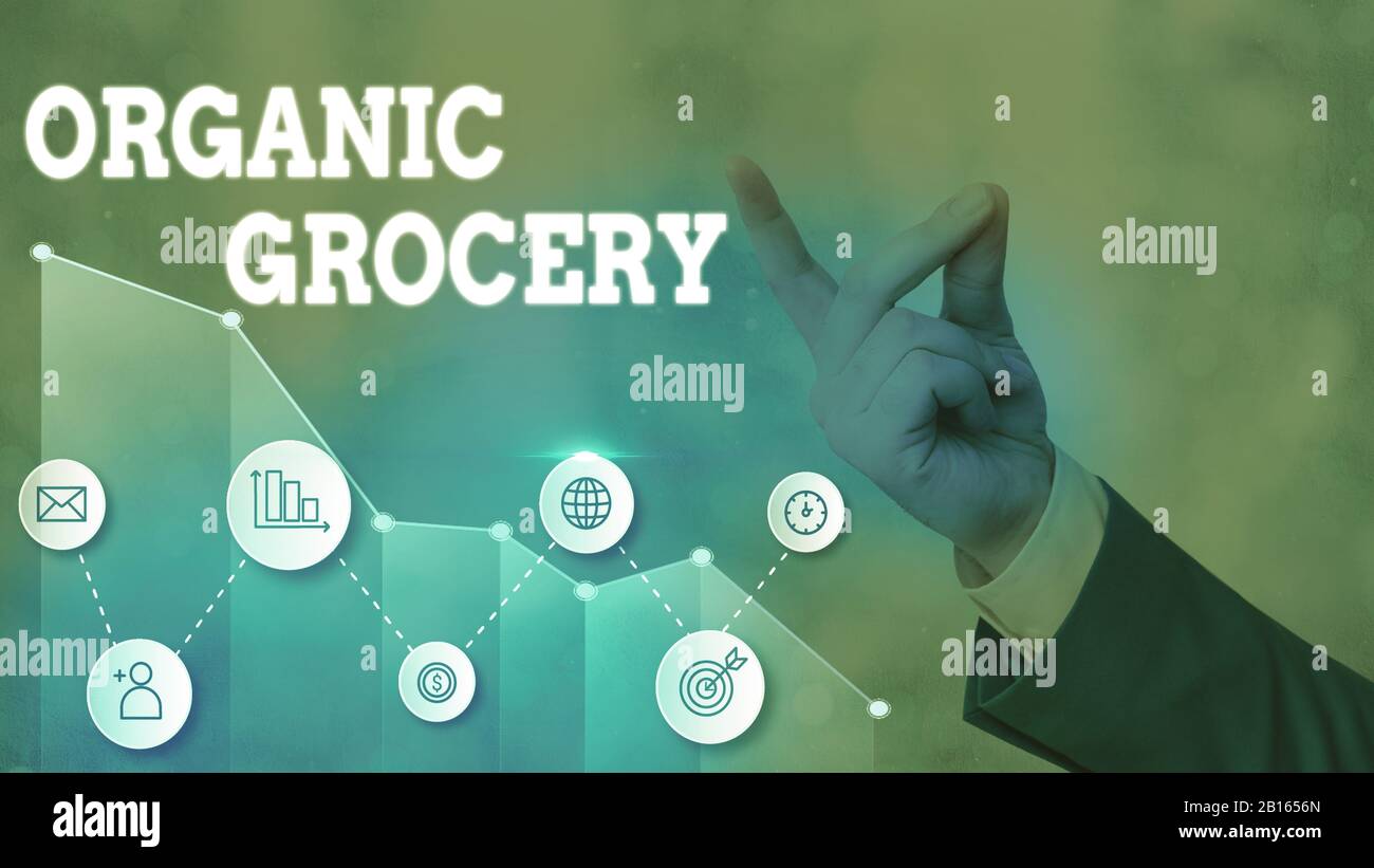 Writing note showing Organic Grocery. Business concept for market with ...