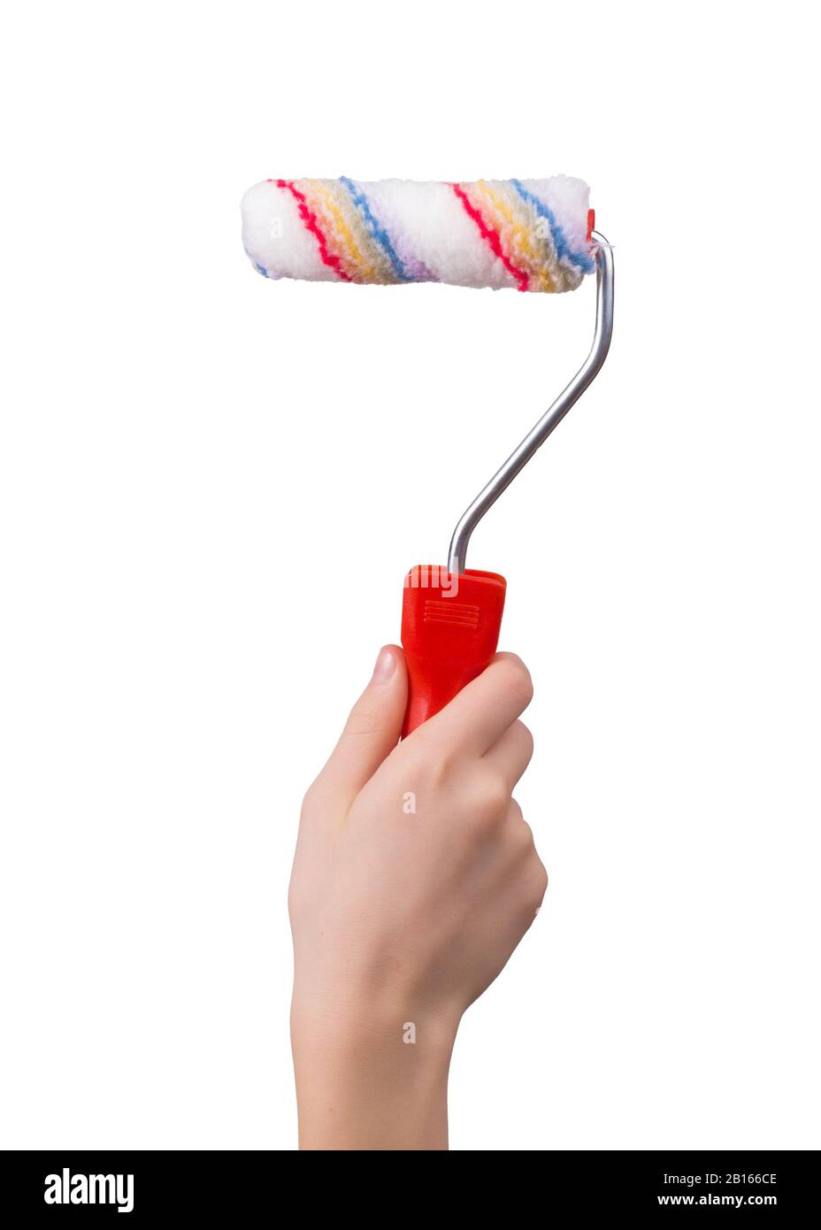 Hand holding paint roller for walls with red pen isolated on white ...