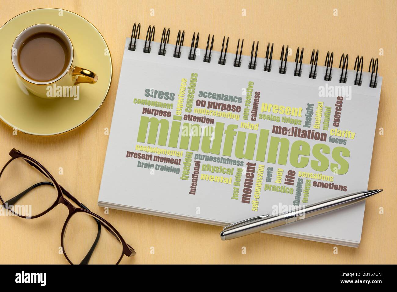 mindfulness word cloud - color text in a sketchbook with a cup of ...