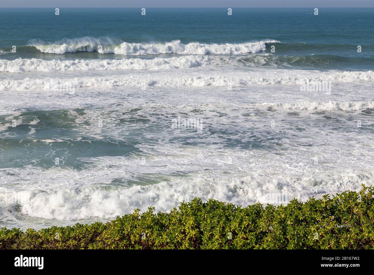 Ocean coast with grass, moviment waves with foam. Wind power. Turquoise ...