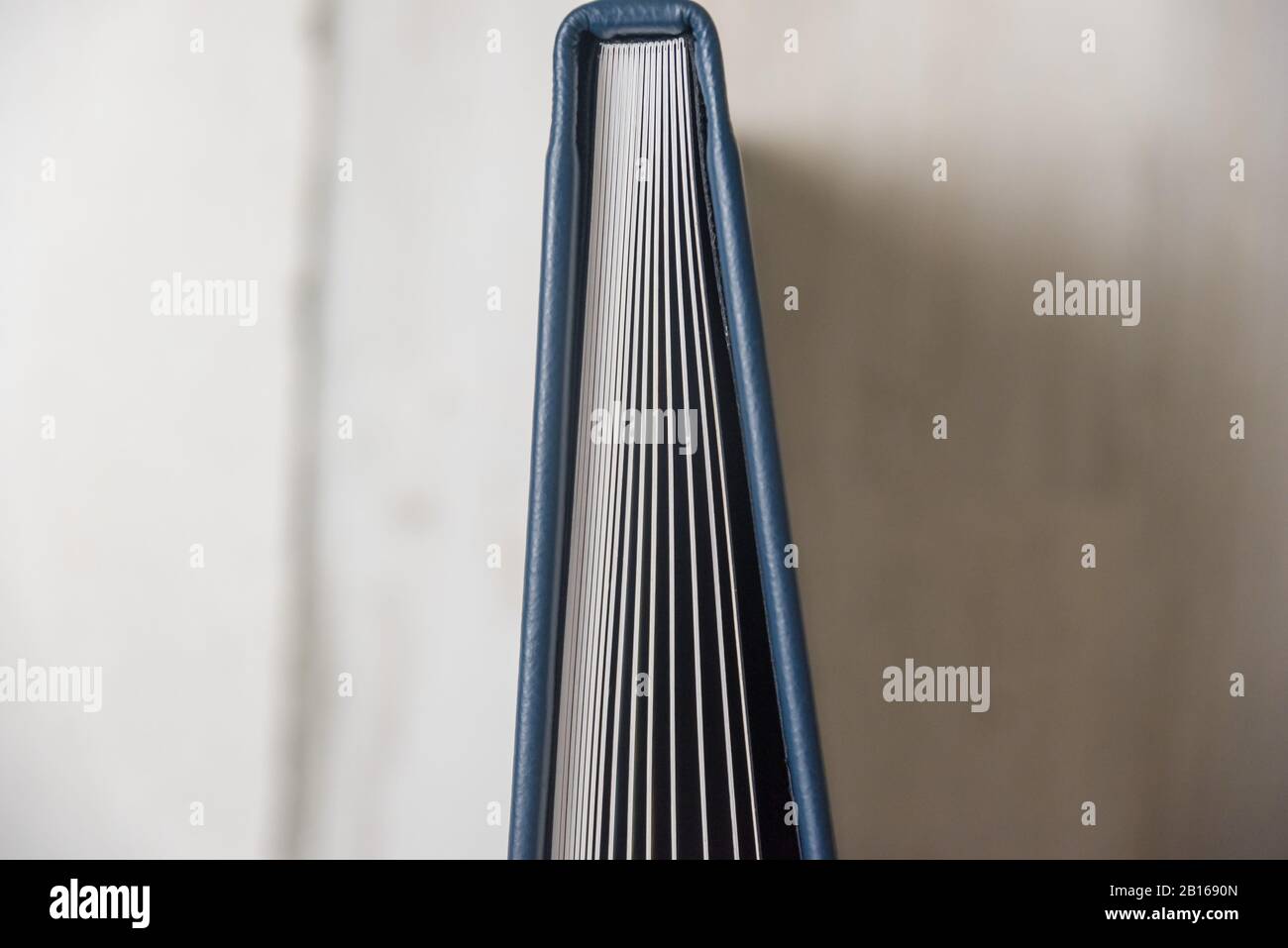 Top view close up of thick and rigid wedding album pages in a navy blue ...
