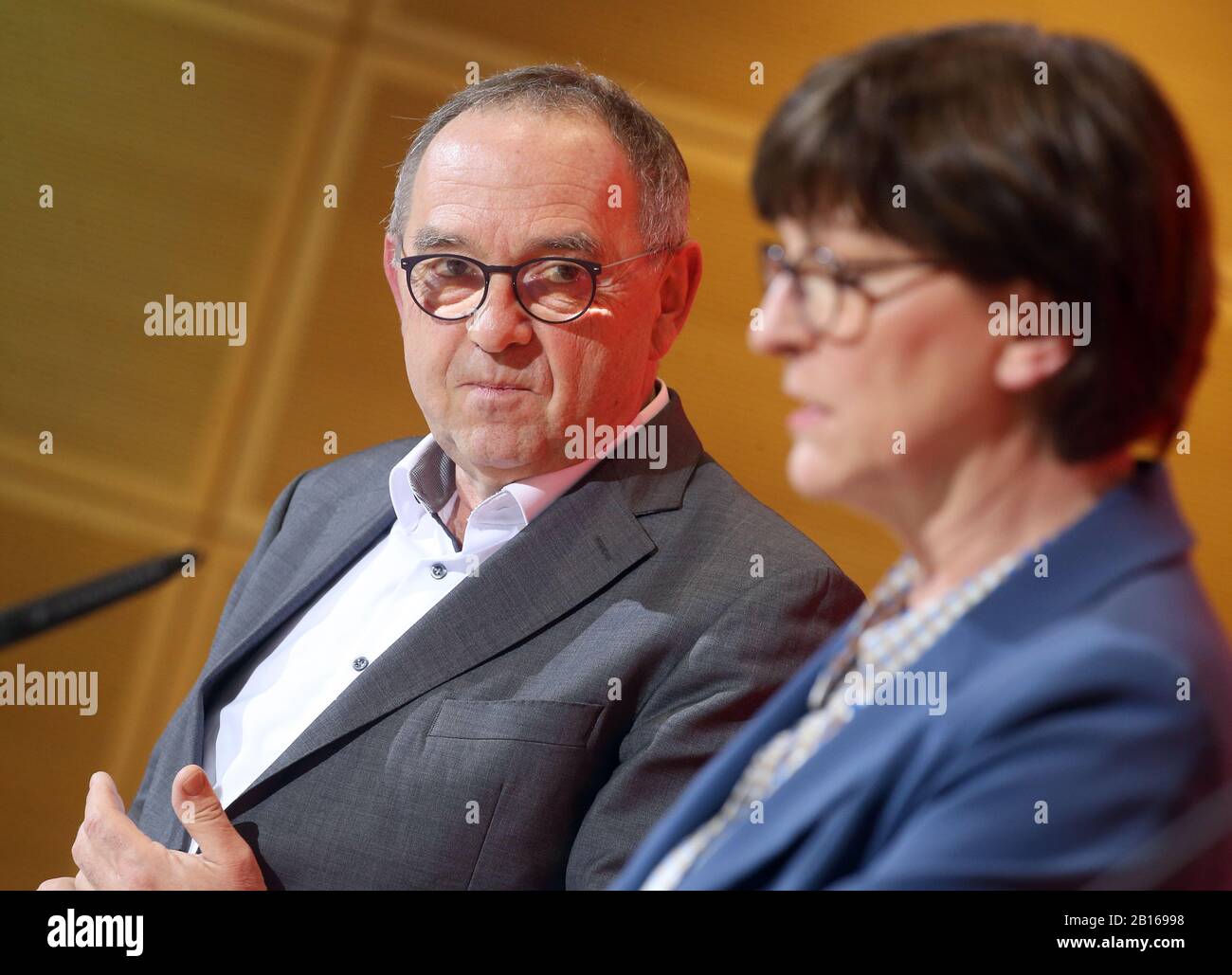 23 February 2020, Berlin: Saskia Esken and Norbert Walter-Borjans, both ...