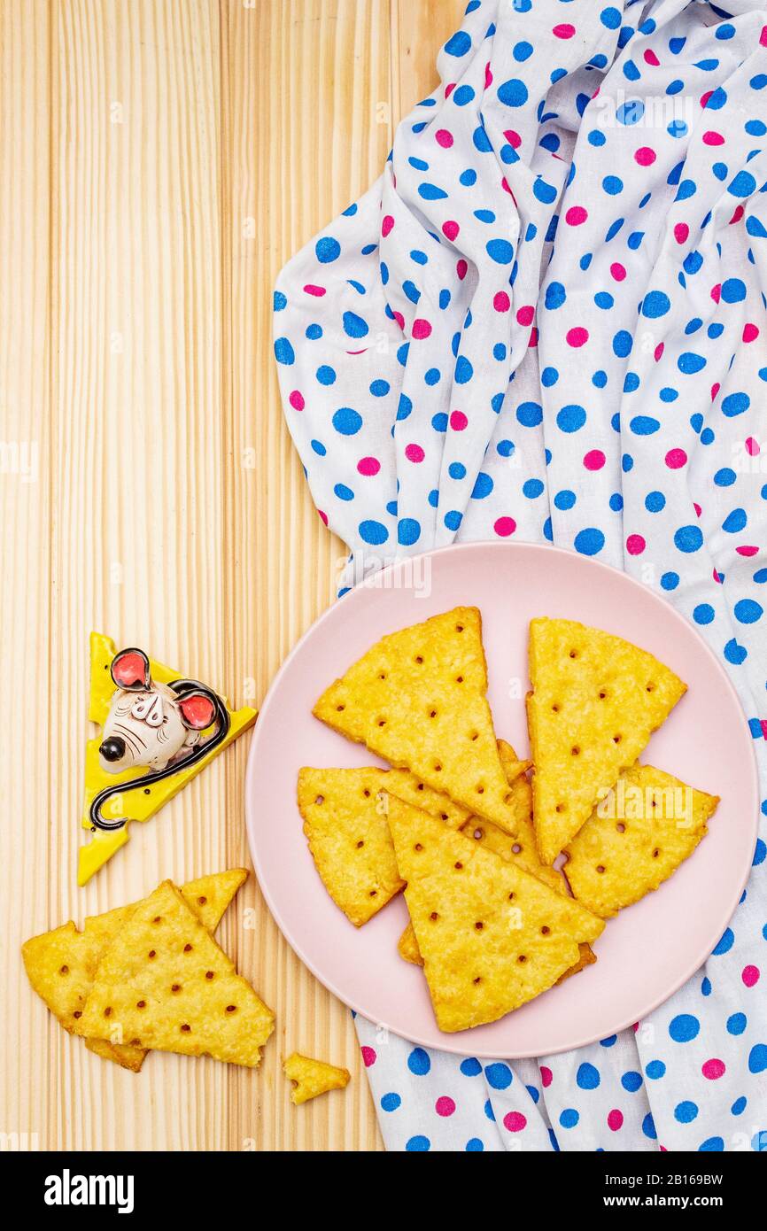Funny kids cookies. Festive cheese crackers, New Year snack concept ...