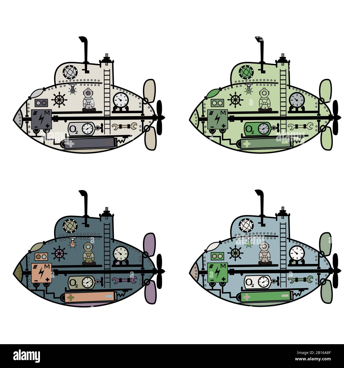 Vector cartoon drawing of a submarine inside with elements and a diver ...