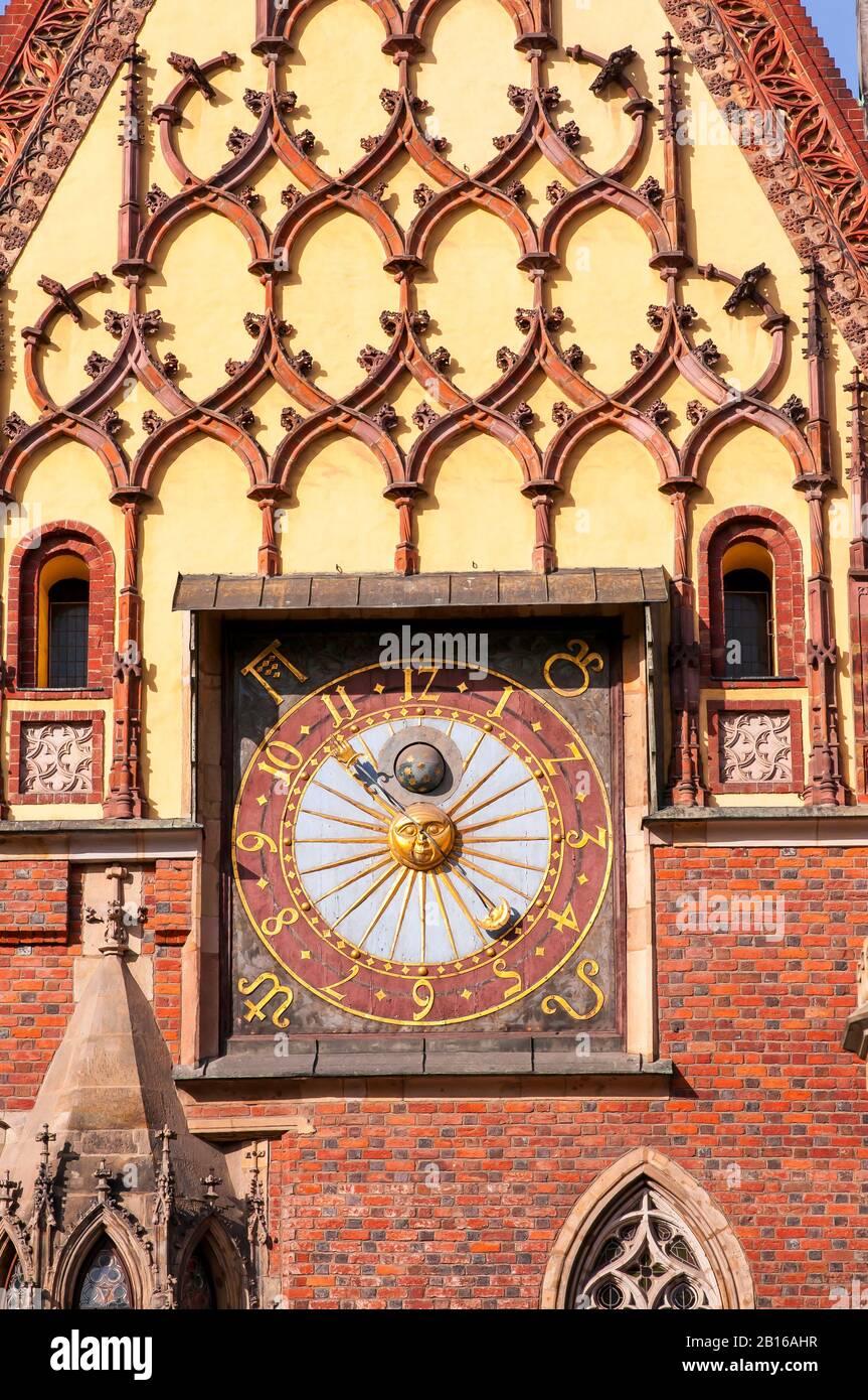 Wroclaw, Poland, February 2020. Clock on the Cityhall in wroclaw Stock ...