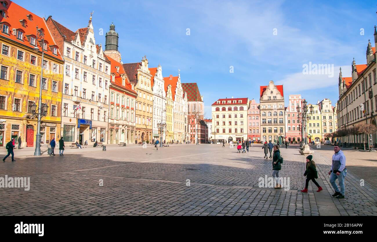 Wroclaw, Poland, February 2020. Famous Wroclaw facades of old historic ...