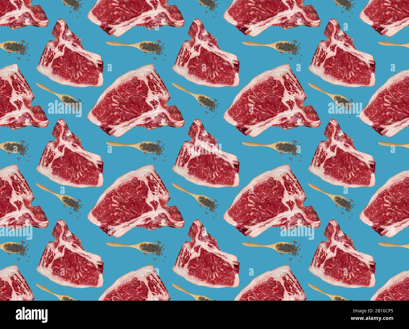 Beef Steaks And T Bone Meat Cuts Seamless On Colorful Blue Background