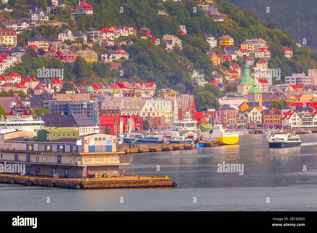 Bergen, Norway city view from the sea with Bryggen harbor, port and ...
