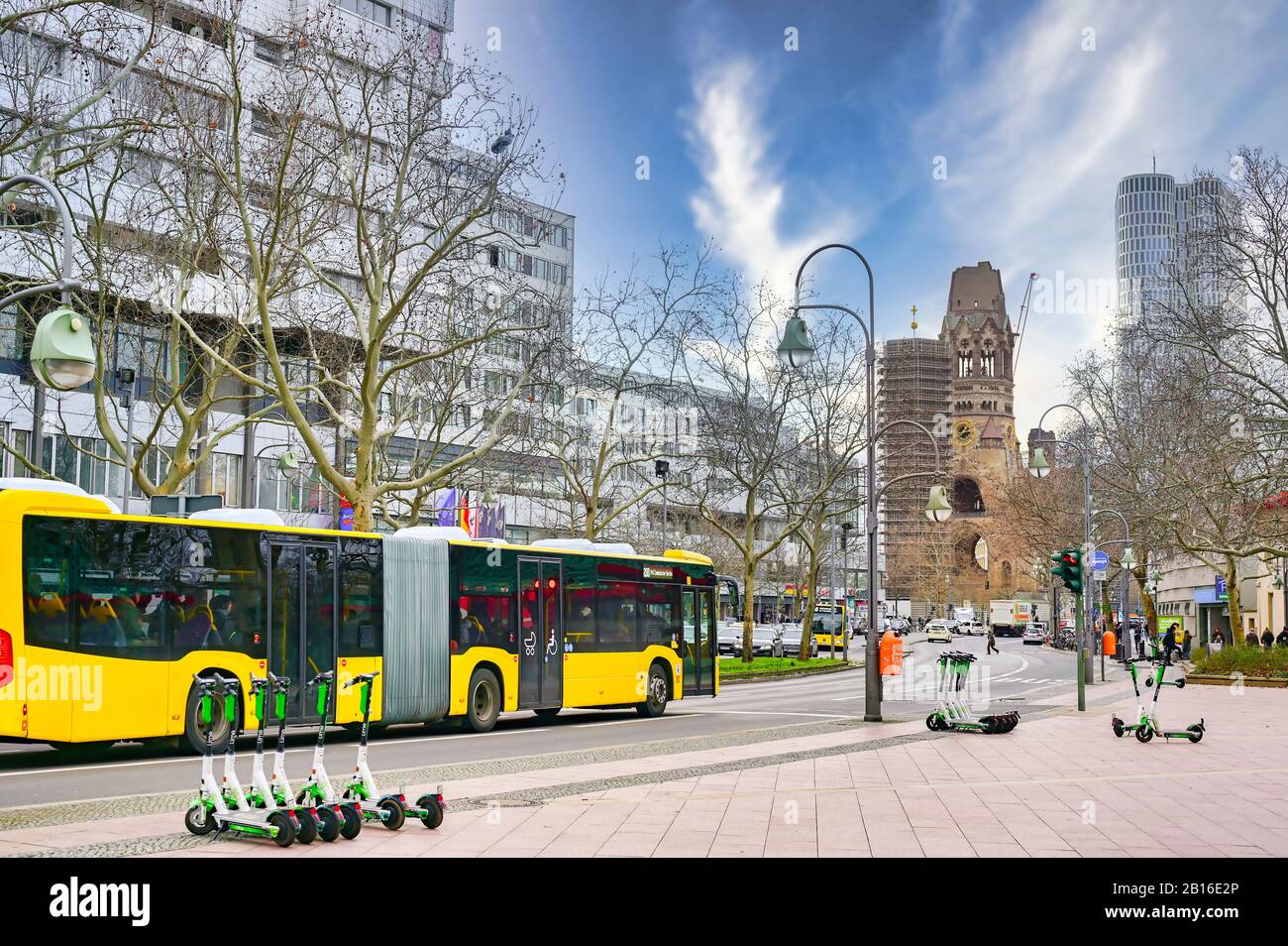 Berlin, Germany - February 21, 2020: Street scene with e-scooters and ...
