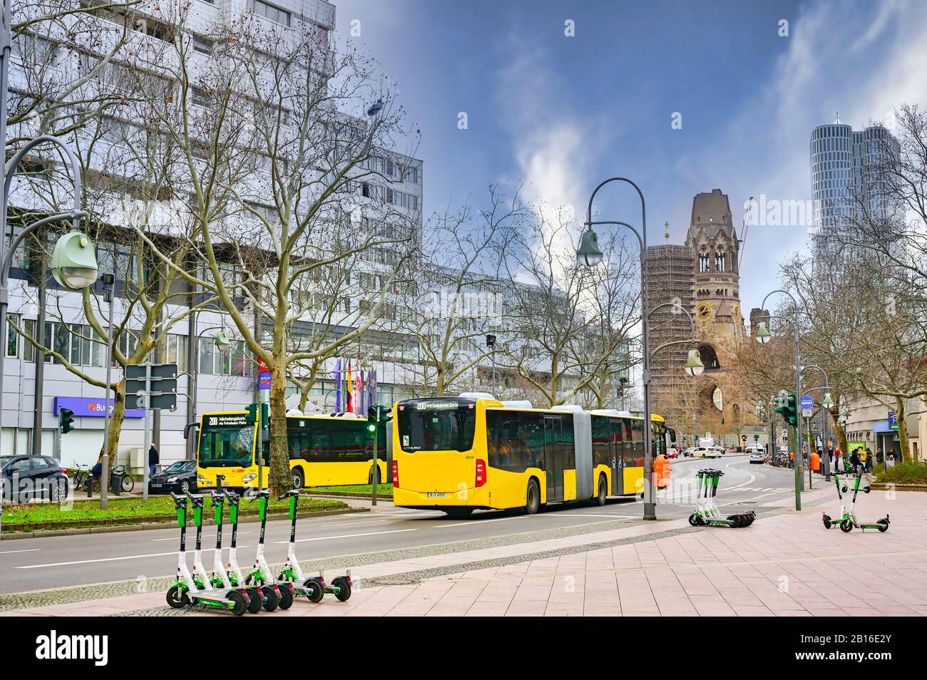 Berlin, Germany - February 21, 2020: Street scene with e-scooters and ...