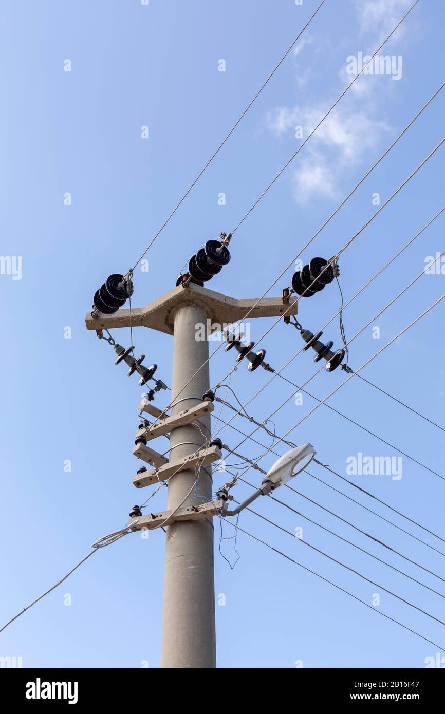 Cables and insulators on the power pole in Turkey Stock Photo - Alamy