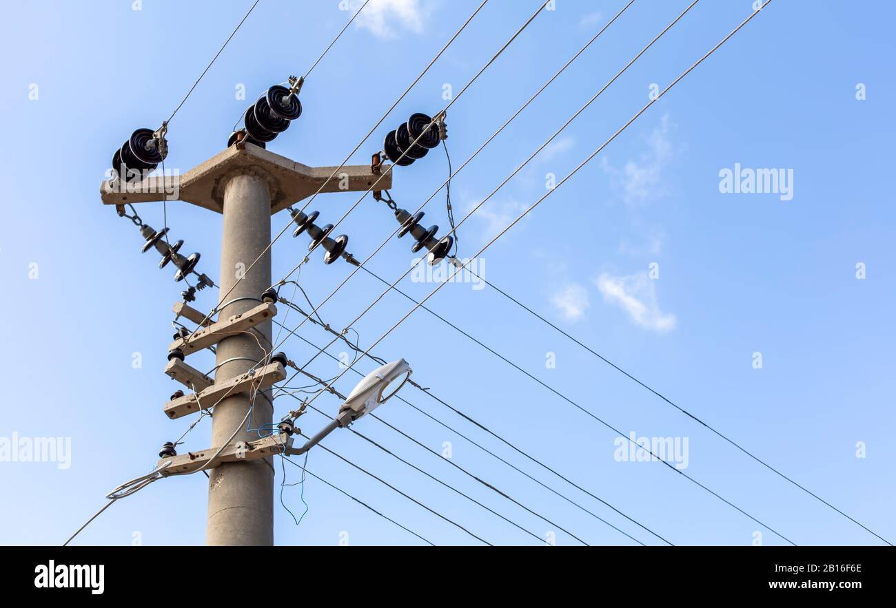 Cables and insulators on the power pole in Turkey Stock Photo - Alamy