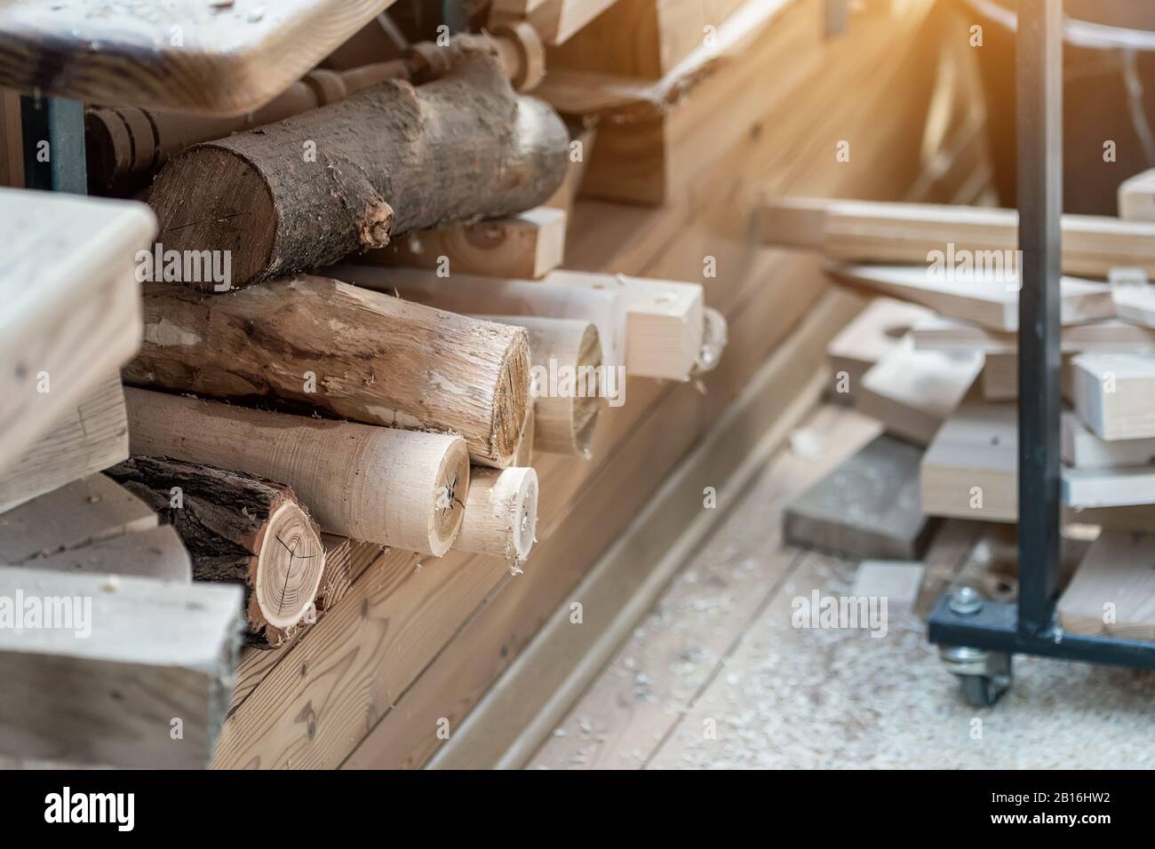 Oak wooden bar blocks materials stacked at carpentry woodwork workshop ...