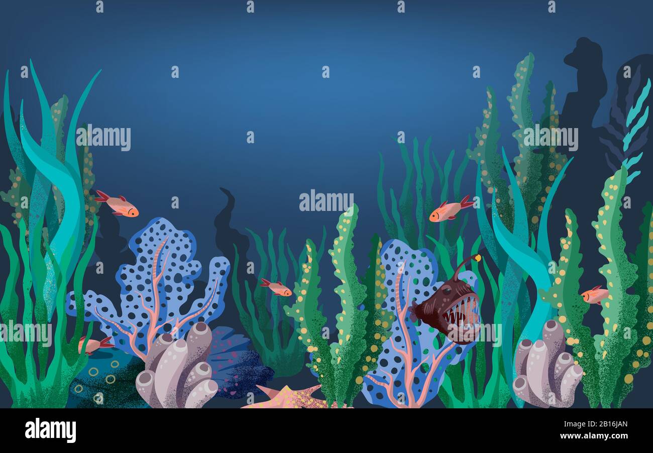 Vector illustration of the seabed with fish and marine plants Stock ...