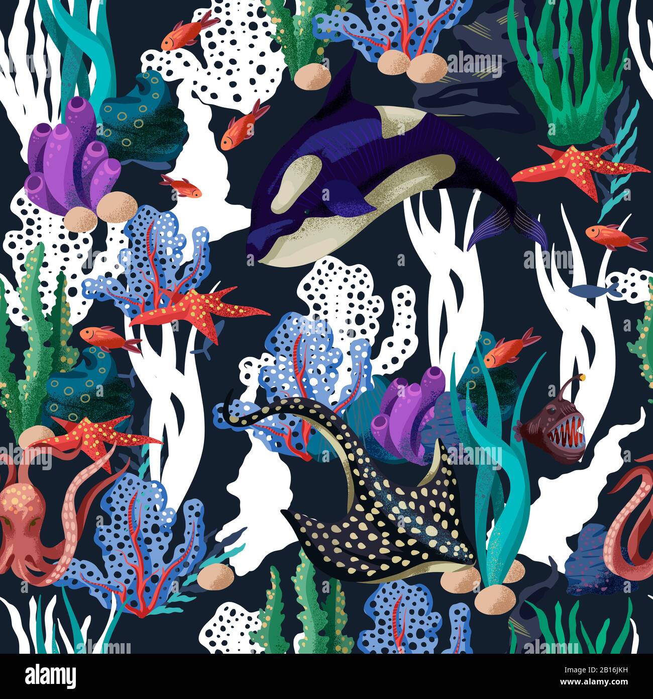 Seamless pattern with whale in the undersea landscape. Vector Stock ...