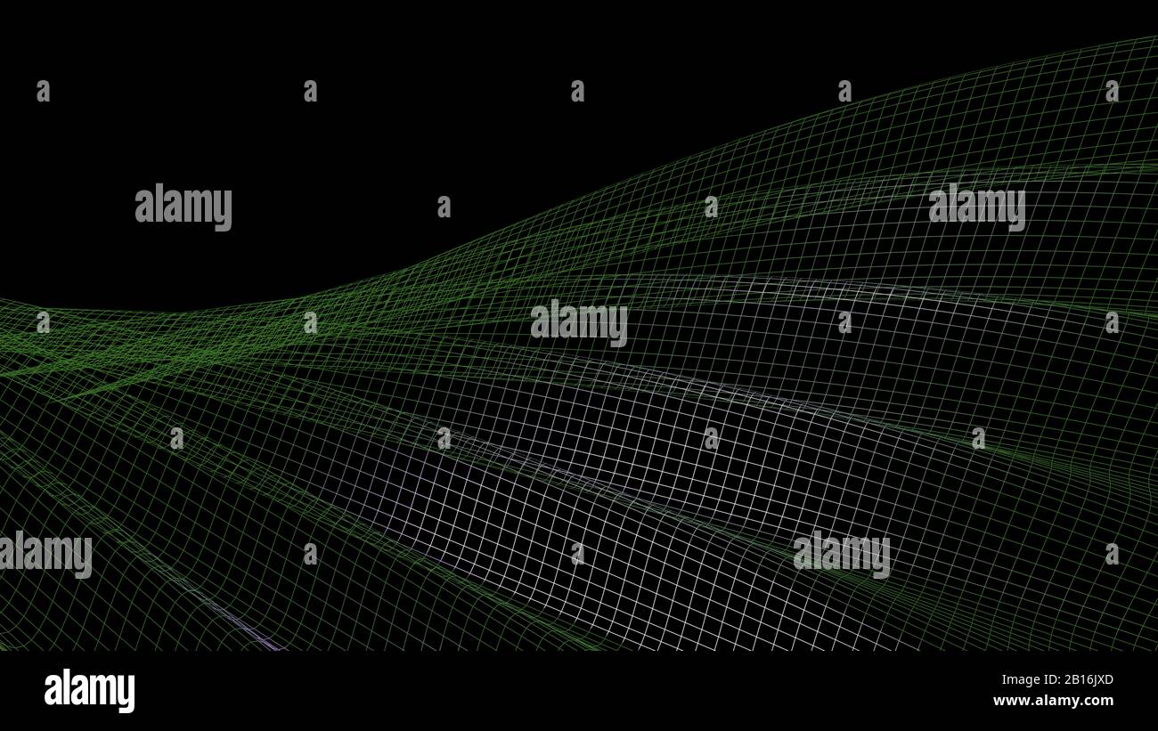 Green waving grid surface on black background - 3D rendering ...