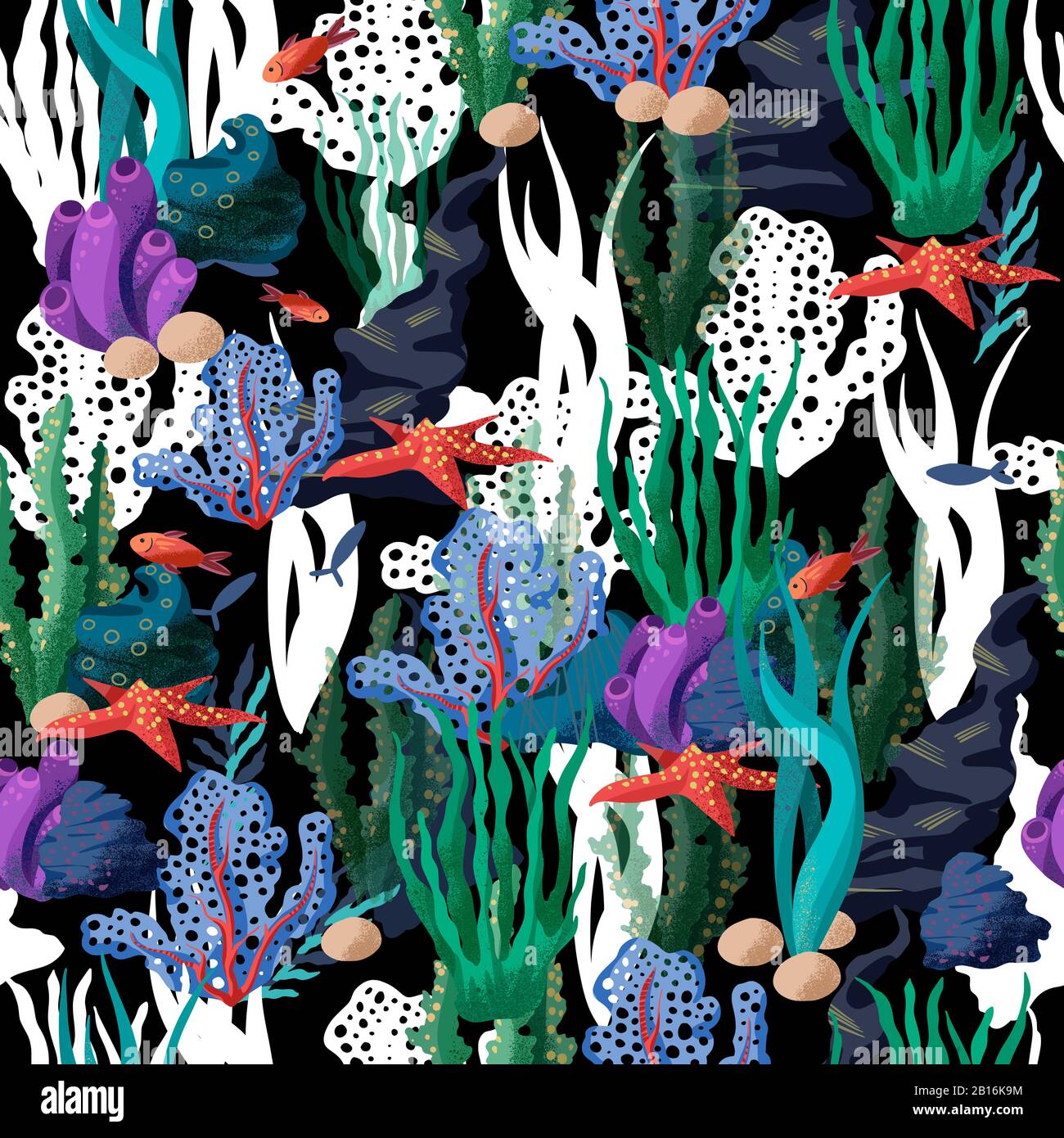 Seamless pattern with undersea algae, coral and starfish. Vector Stock ...