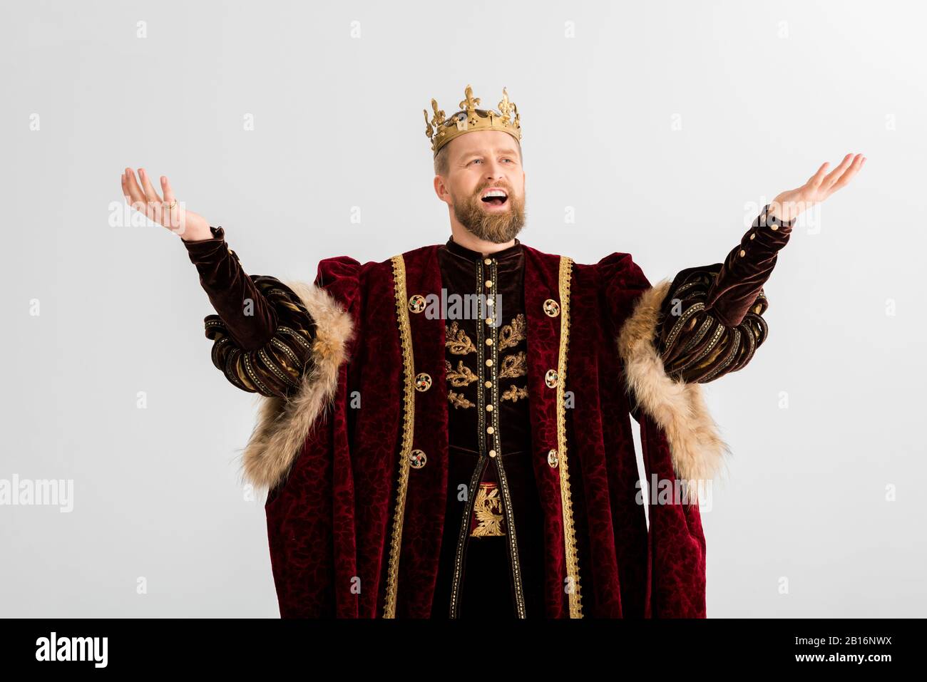 handsome king with crown screaming isolated on grey Stock Photo - Alamy