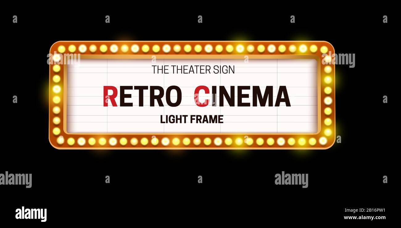 Realistic 3D light bulb cinema frame in retro style on black background ...