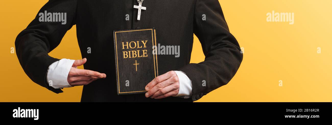 partial view of catholic priest pointing with finger at holy bible ...