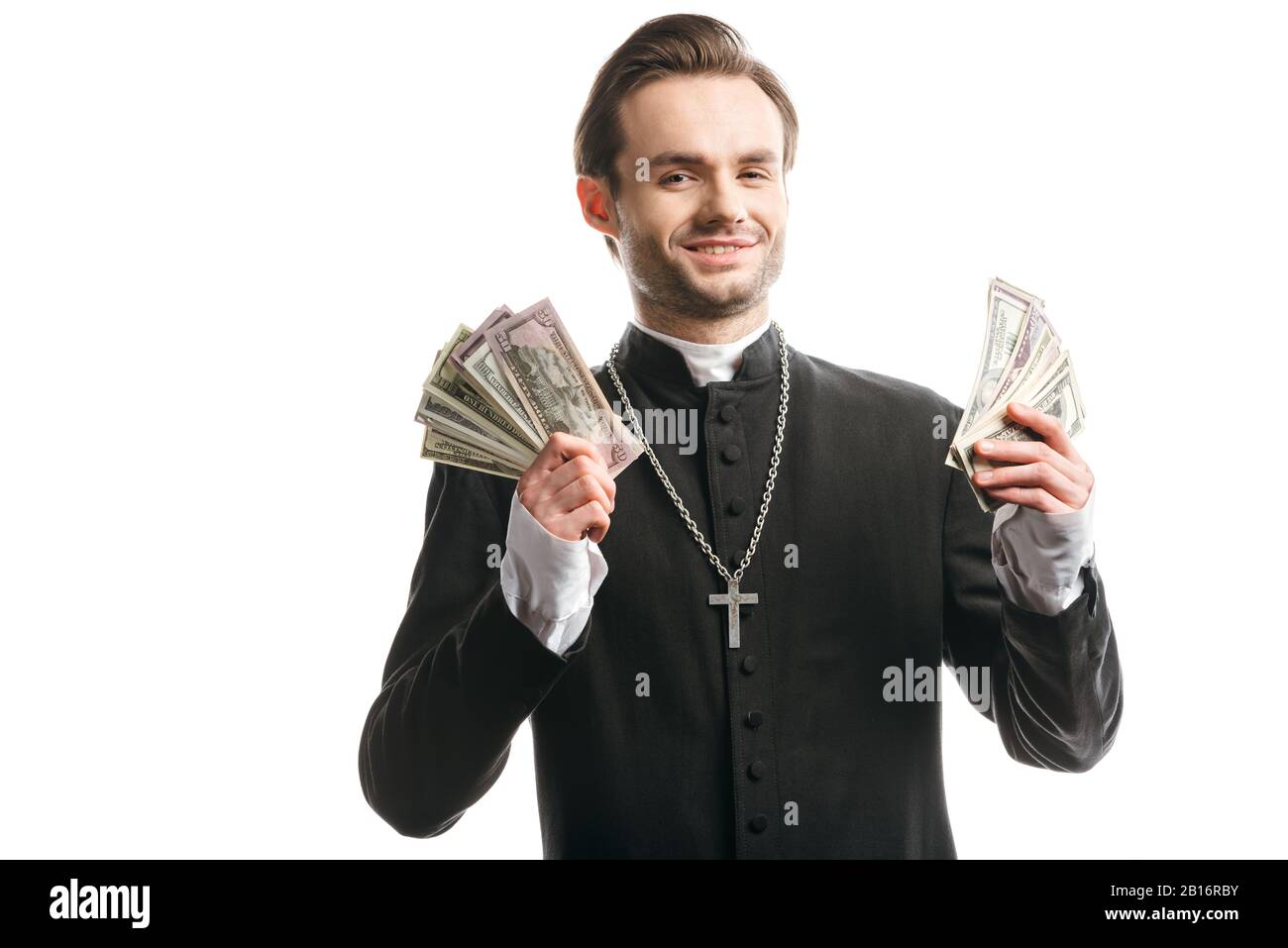 corrupt catholic priest smiling at camera while holding dollar ...
